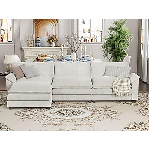 YESHOMY Sectional Modular Sofa L Shaped Chenille Fabric Couch with High Supportive & Soft Sponges and Removable Ottoman, Sleeper Comfy Upholstered Furniture for Living Room, White