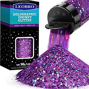 LEOBRO Purple Glitter, 160G/5.64OZ Glitter, Holographic Chunky Glitter, Craft Glitter for Resin, Metallic Iridescent Chunky Fine Glitter Sequin Flake Bulk, Glitter for Makeup Body, Tumblers Glitter