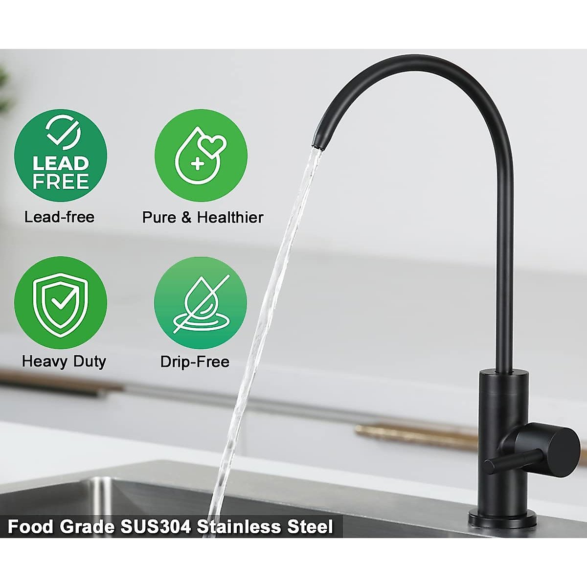 ESOW Kitchen Water Filter Faucet, 100% Lead-Free Drinking Water Faucet Fits Most Reverse Osmosis Units or Water Filtration System in Non-Air Gap, Stainless Steel 304 Body Matte Black Finish