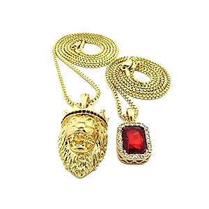 Gold Tone Micro Colorful Gemstone King Crown Lion Head Pendant 2mm 24", 30" Box Chain 2 Necklace Set (Gold + Red)