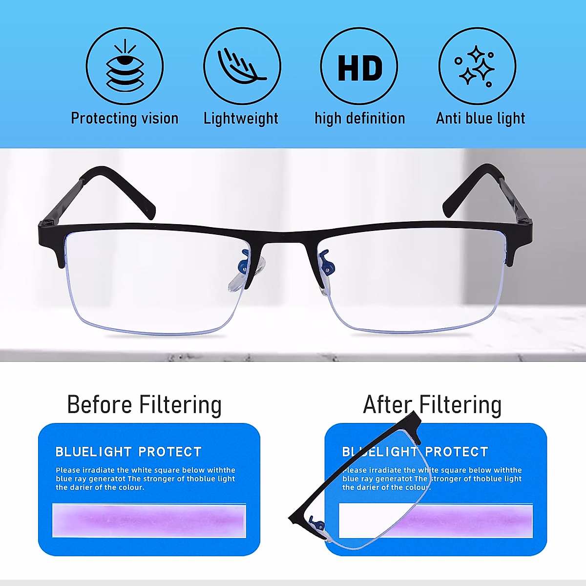 Anourney 3-Pack Reading Glasses for Men, Lightweight Metal Half Frame Blue Light Blocking Computer Readers, Filter UV Ray/Computer Glare with Spring Hinge Eyeglasses(3PCS Black,+1.25)