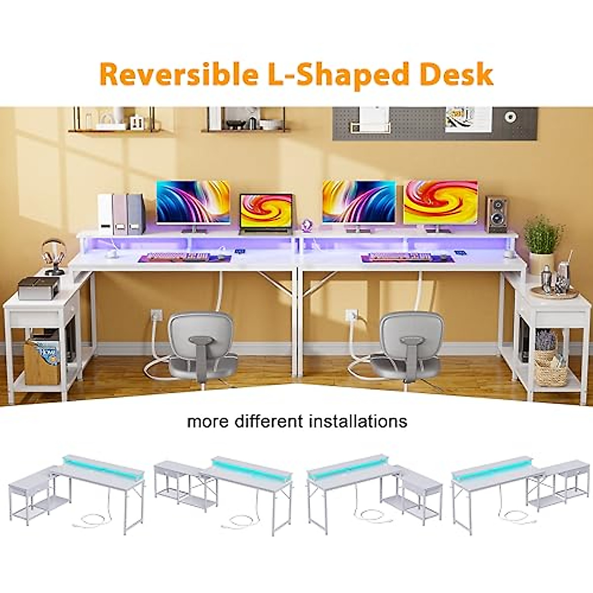Furologee White L Shaped Desk with LED Lights & Power Outlet, Reversible Corner Computer Desk/91in Long Desk with Fabric Drawer and Shelves, Home Office Gaming Table with Monitor Stand-(55.1+39.4) in