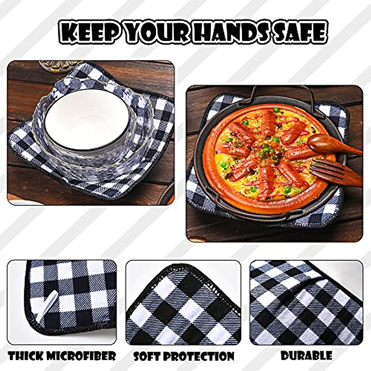 4 Pieces Buffalo Plaid Bowl holders Sponge and Microfiber Small Bowls Holder Bowl Potholders for Microwave Bowl Food Warmer for Home Kitchen and Hot Bowl Holder (Black, White)
