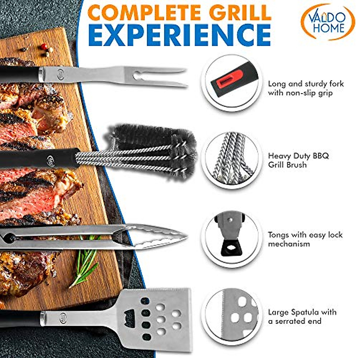 Valdo Home Heavy Duty BBQ Grill Tool Set Stainless Steel Utensils Kit Locking Tongs, Spatula, Fork, Barbecue Grill Cleaning Brush - Barbecue Grilling Accessories