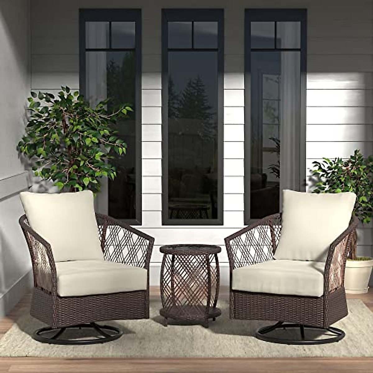 Amazon Brand - Ravenna Home 3-Piece Conversation Bistro Set With Cushioned Swivel Chairs and Table, Weather-Resistant PE Rattan Wicker, Brown