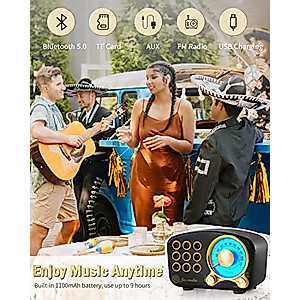 Retro Radio Bluetooth Speaker, Vintage Radio FM Radio with Old Fashioned Classic Style, Strong Bass Enhancement, Loud Volume, Bluetooth 5.0 Connection, TF Card Slot and MP3 Player (Black)