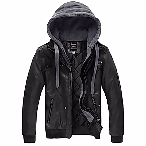 wantdo Men's Faux Leather Jacket Hooded Motorcycle Coat Black XX-Large (Thick)