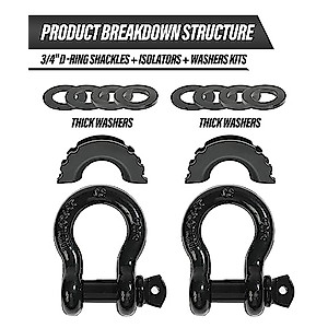 Reswish ESEWALAS 2 Pack 3/4" Shackles,41,887Ibs Break Strength with 7/8" Screw Pin and Shackle Isolator Washers Kit,Offroad Towing Accessories,Heavy Duty D Ring Shackle (Black)