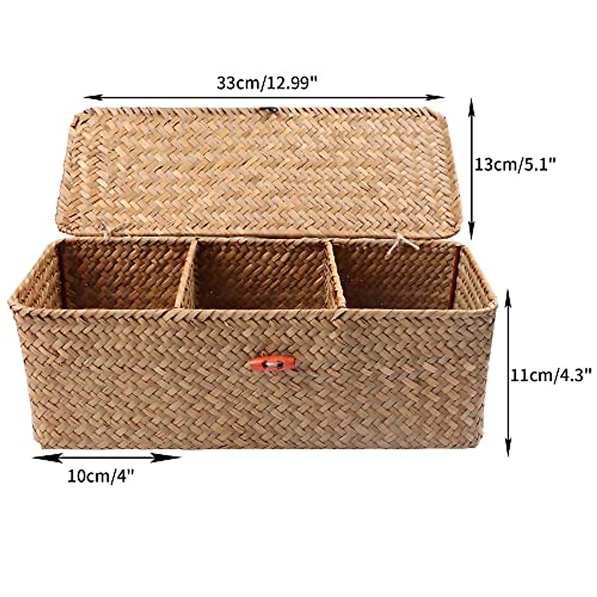 FEILANDUO Seagrass Storage Basket with Lid Hand Woven Wicker Shelf Baskets Rectangular Small Storage Box for Desktop Organizing (Natural 3 Sections with Lid)