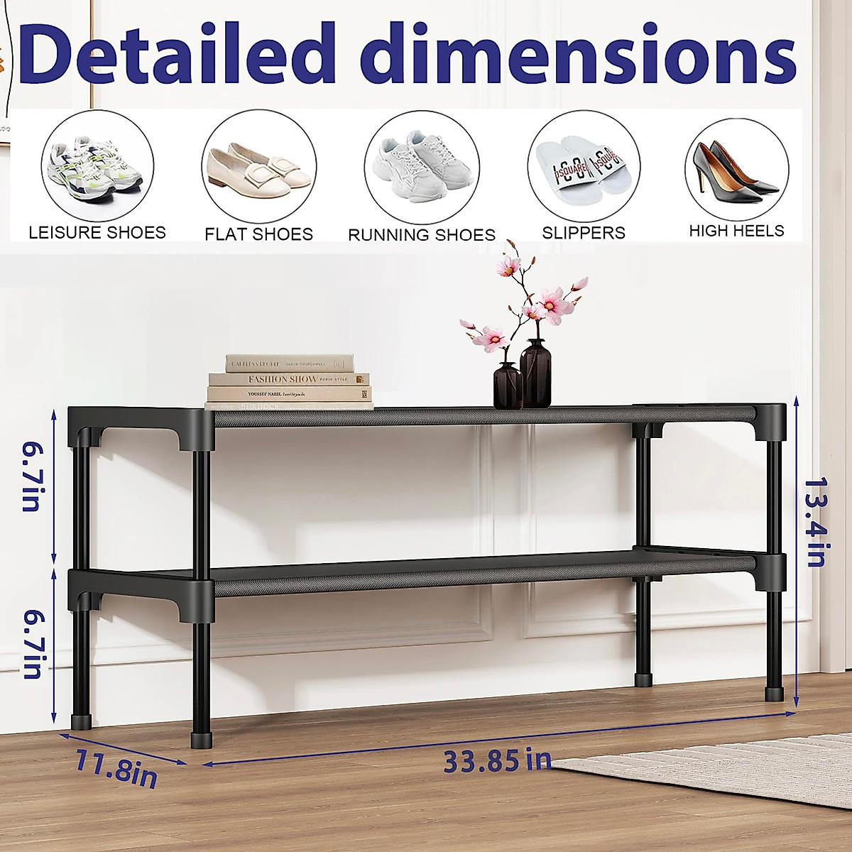 Long Shoe Rack-Shoe Organizer 2 Tier Shoe Rack for Closet Front Door Entryway Garage, Stackable Free Standing and Freely Combinable Shoe Storage, Space Saving Small Shoe Shelves.