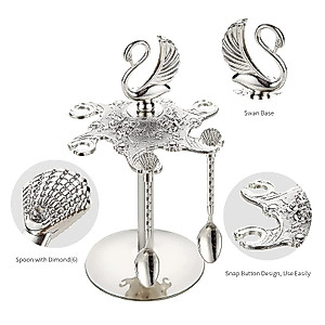 Decorative Swan Base Holder with 6 Spoons, Teaspoons, Coffee Dessert Spoons Set for Fruit, Stirring, Mixing, Sugar, Ice Cream, Cake (Silver)