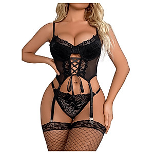 SOLY HUX Women's Sexy Garter Lingerie Set Lace Exotic Naughty Underwire Corset with Stockings 3 Piece Sets Pure Black XS