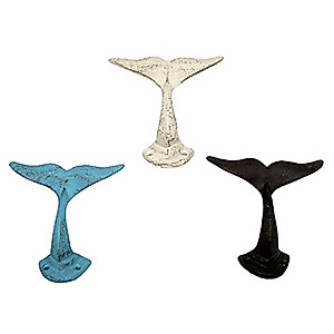Cast Iron Whale Tail Wall Hooks, Assorted Colors, 5 Inches, Set of 3