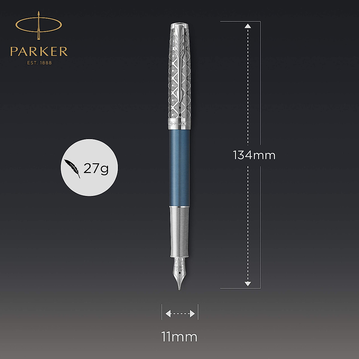 PARKER Sonnet Fountain Pen | Premium Metal and Blue Satin Finish with Chrome Trim | Fine 18k Gold Nib with Black Ink Cartridge | Gift Box