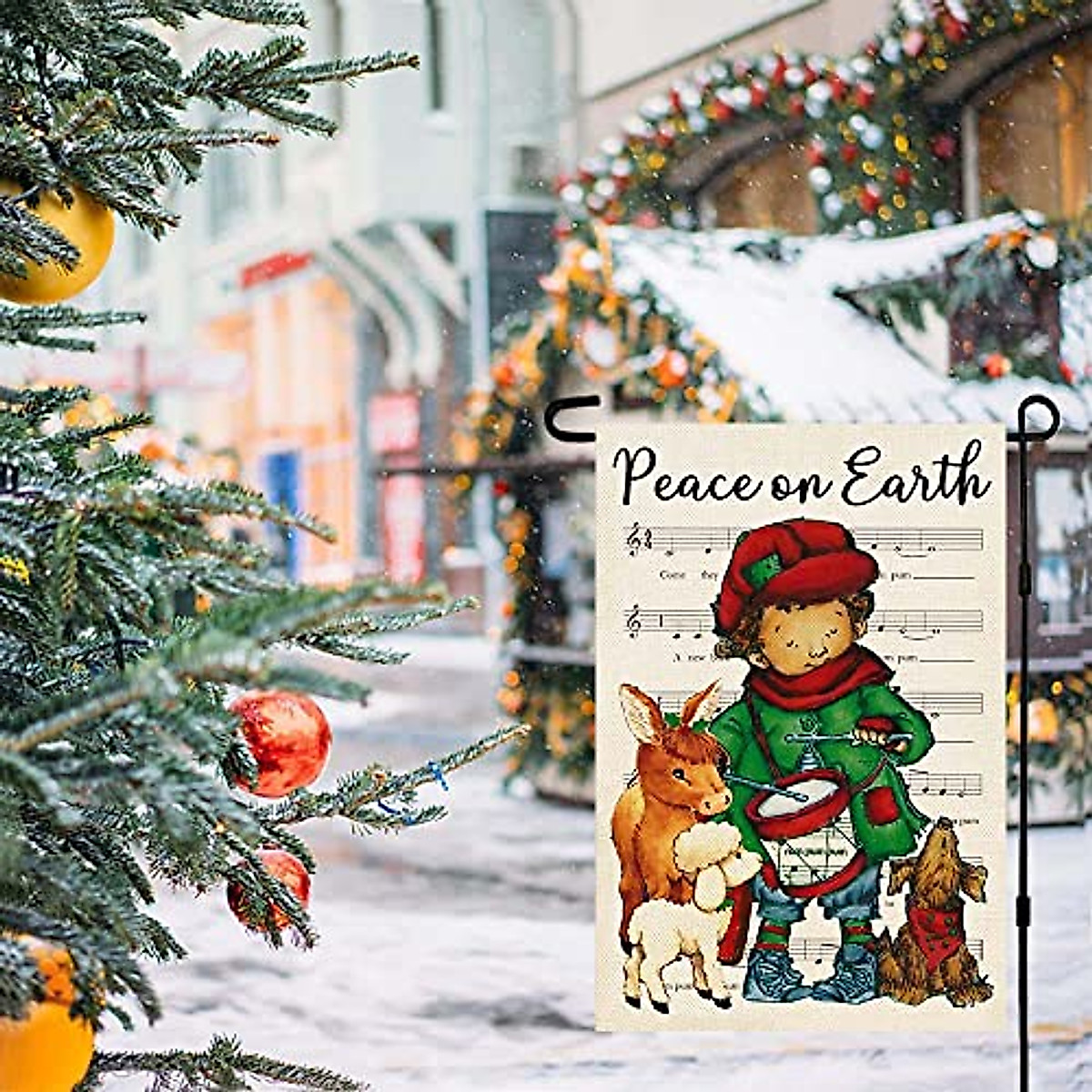 ORTIGIA Christmas Peace on Earth Garden Flag 12x18 Inch The Little Drummer Boy Flag Burlap Vertical Double Sided Christmas Nativity Religions Dog Yard Flag for Outside Farmhouse Xmas Winter Holiday Yard Outdoor Decoration