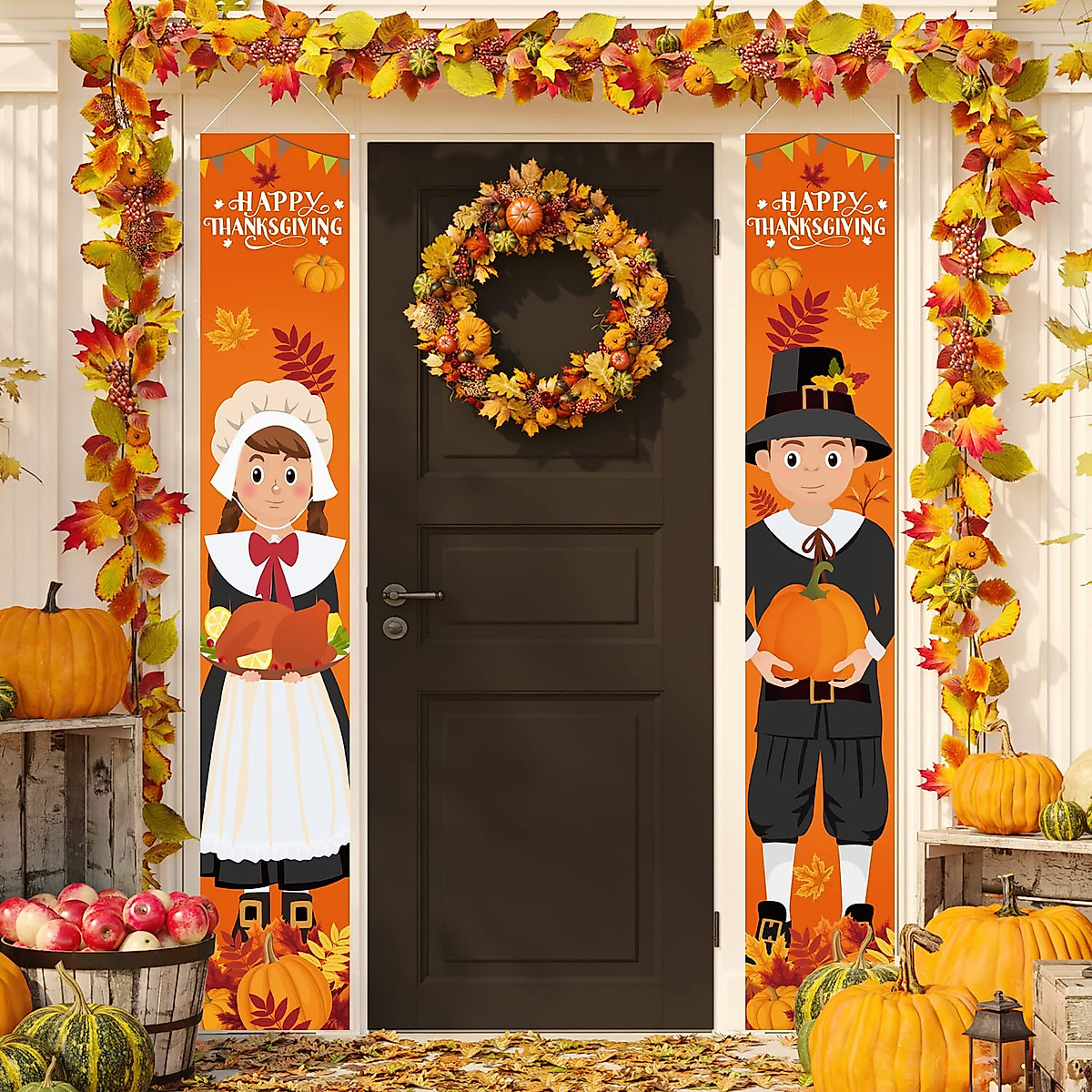Thanksgiving Decorations Pilgrim Boy and Girl Front Porch Door Sign, Happy Thanksgiving Banner Fall Harvest Front Door Banners for Autumn Thanksgiving Harvest Party Supplies Decorations