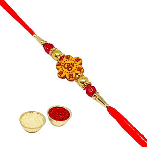 KHANDEKAR Set of 6 Pc OM with Swastik Pendant Rakhi for Brother Bhaiya Bhabhi Traditional Handmade Premium Quality Designer Rakhi Set with Roli Chawal, Rakhi Thread Rakhdi Bracelets