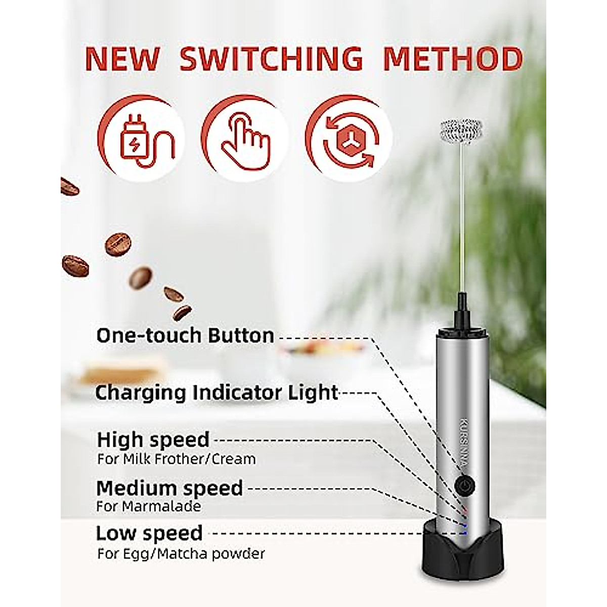 KURSINNA Electric Rechargeable Milk Frother Handheld, USB-Charge Hand Frother with 2 Stainless Whisks, Manual Foam Maker for Coffee Lattes, Matcha, Cappuccino (3 Speed with USB Charge)