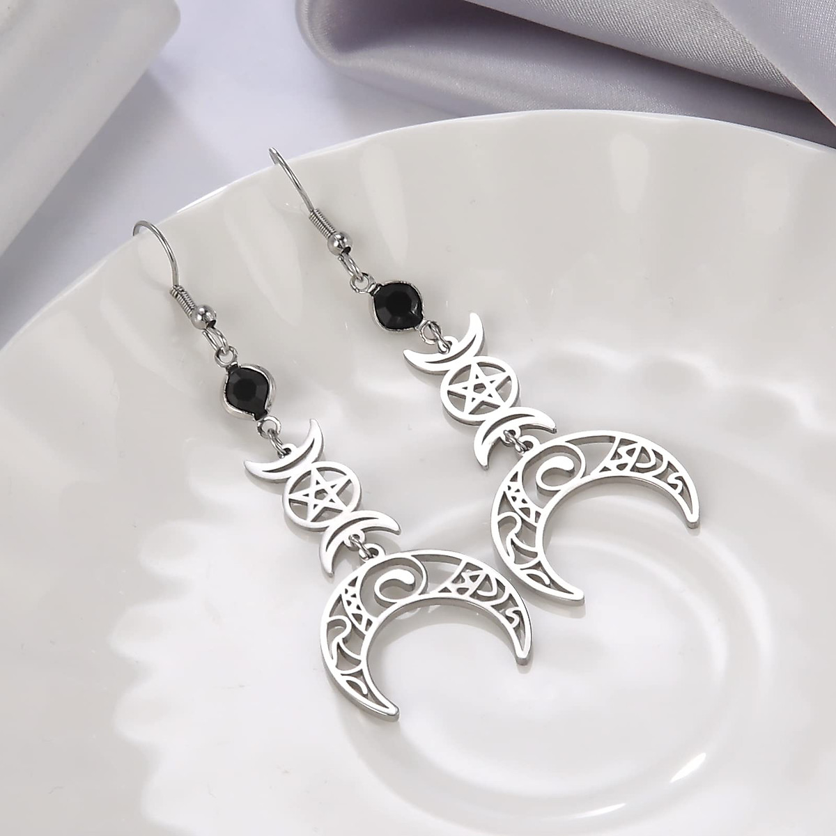TEAMER Stainless Steel Crescent Goddess Black Birthstone Witches Knot Earrings Triple Moon Wicca Pentagram Gothic Celtic Knot Drop Earrings (Triple Moon - Steel)