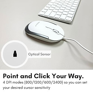 Macally Silent Wired Mouse - Slim & Compact USB Mouse for Apple Mac or Windows PC Laptop/Desktop - Designed with Optical Sensor & DPI Switch - Simple & Comfortable Wired Computer Mouse (White)
