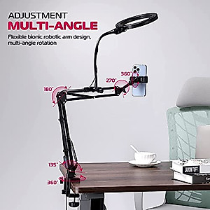 ULANZI T3 Phone Stand for Recording, Overhead Phone Mount with Ring Light, Adjustable Desk Arm Stand for iPhone, Desktop Stand for YouTube Starter Live Stream Cooking Painting Nail Video Recording