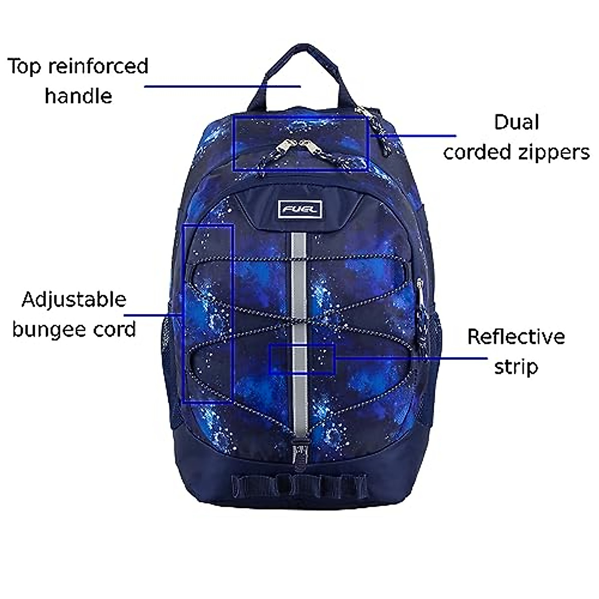 FUEL 18” Unisex Backpack Terra Sport Spacious Dual Compartment w/Laptop Sleeve and Bungee for Travel, College, Work - Dark Blue Galaxy