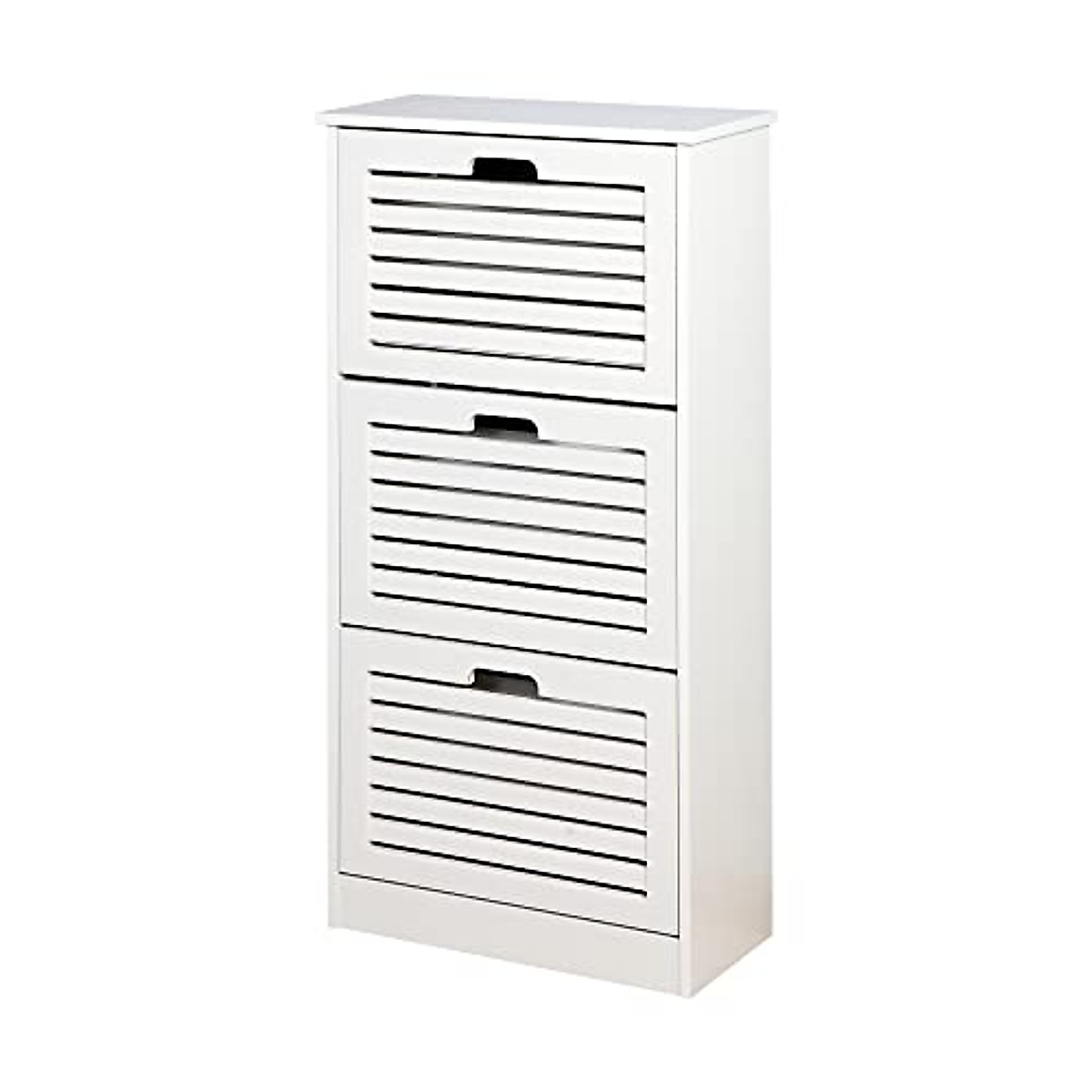 Wooden Shoe Cabinet with 3 Flip Drawers, Freestanding Shoe Storage Organizer with Louvered Door and Adjustable Shelf, Modern White Narrow Shoe Storage Cabinet for Entryway, Holds 12 Pair Shoes