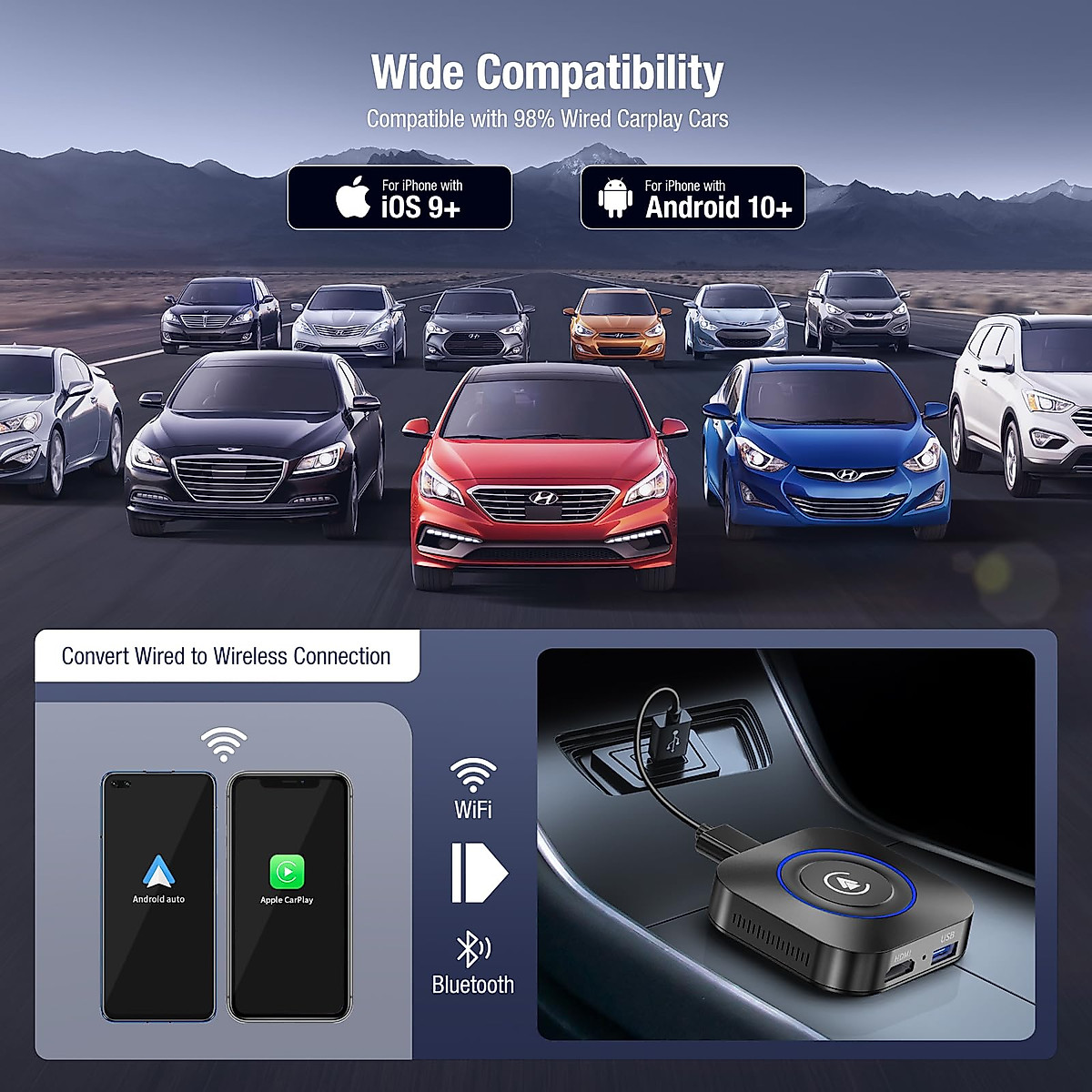 KAMING Wireless CarPlay Adapter for Carplay and Android Auto Carplay Streaming YouTube, TikTok, Miracast 2023 Newest CarPlay Ai Box for Factory Wired CarPlay Cars