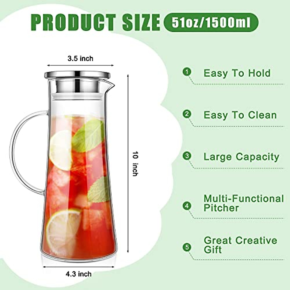 4 Pieces Glass Pitcher with Lid and Spout Heat Resistant Glass Water Carafe with Handle 1.5 Liter 51 oz Juice Beverage Pitcher with Stainless Steel Lid for Hot Cold Beverages Iced Tea Bar Kitchen