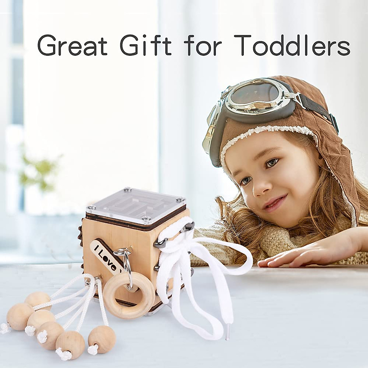 FIMIJORY Busy Cube for Toddlers 1-3 Year Old, Wooden Travel Toys for Toddlers, Busy Activity Board, Preschool Learning Toy, Lacing Beads Puzzles, 6in1 Learn to tie Shoes Toy Boys Girls