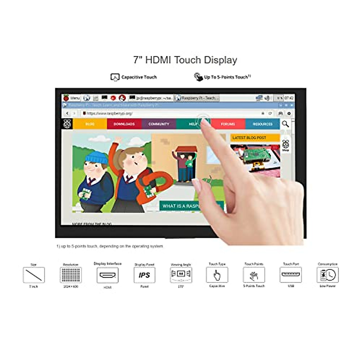 Ingcool 7 Inch Capacitive Touchscreen Monitor IPS Display 1024x600 7" HDMI LCD Module for Raspberry Pi 4B/ 3B+/A+/B/ 2B/ B+/A+/ Zero W, Support Windows 10/8.1/8 / 7