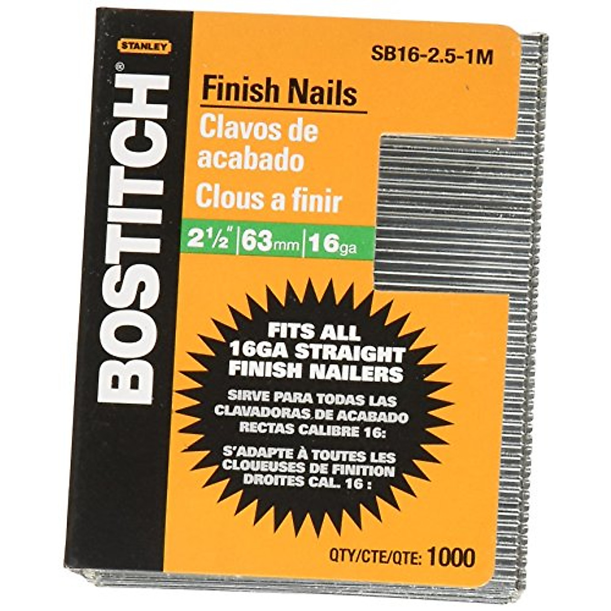 BOSTITCH Finish Nails, Bright, 2-1/2-Inch, 16GA, 1000-Pack (SB16-2.5-1M)