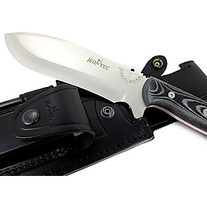 JEO-TEC Nº55 Full Tang Bushcraft Survival Hunting Camping Fishing Knife, Fixed Blade 6.7" MOVA-58 Scandi, Genuine Leather Multi-Position Sheath + Firesteel + Sharpener Stone, Handmade