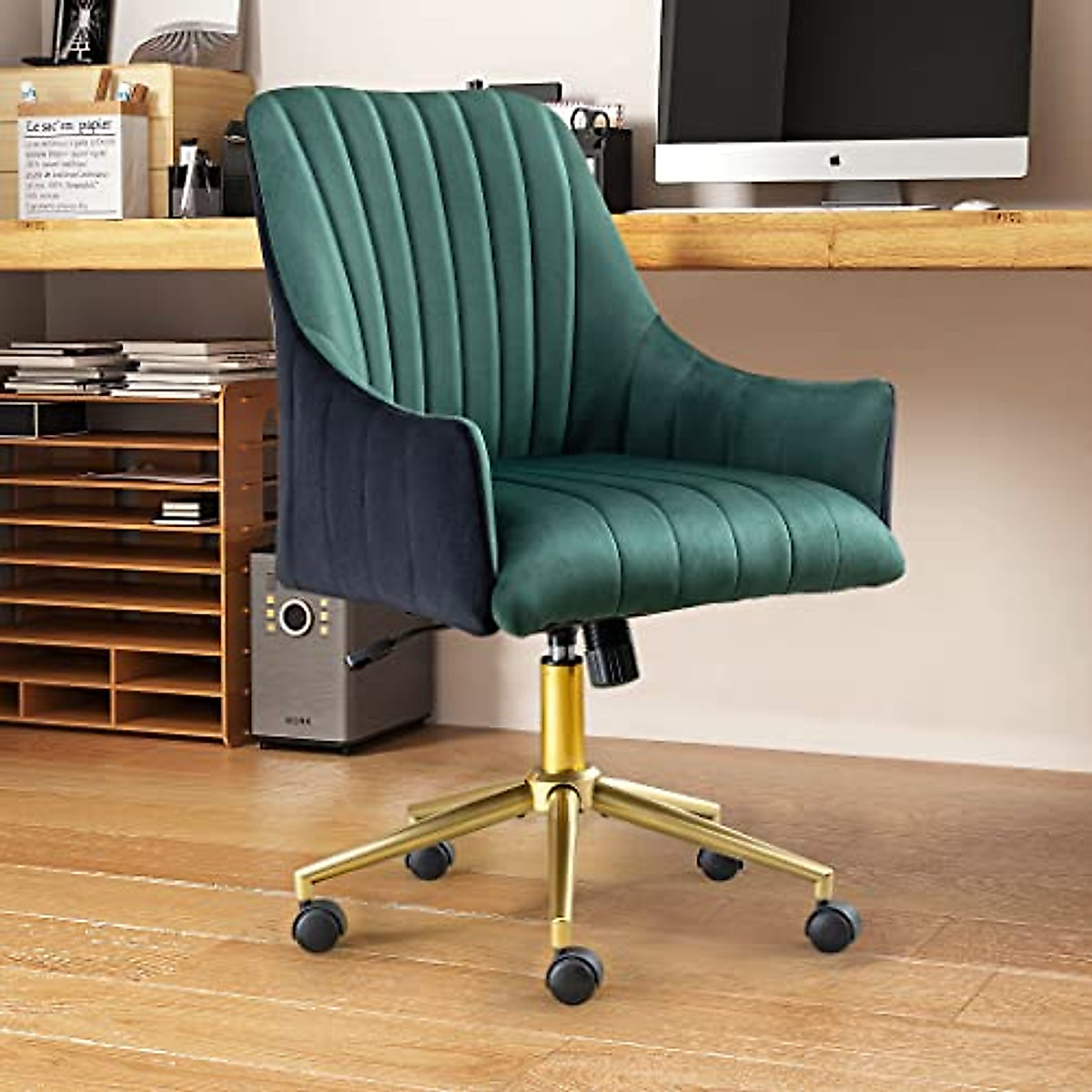 Desk Chair for Home Office Velvet Modern Accent Chair Upholstered Tufted Green Office Chair with Gold Base Swivel Wheels and Adjustable Height Armchair Study Work Stool Vanity Chair for Women, Girls