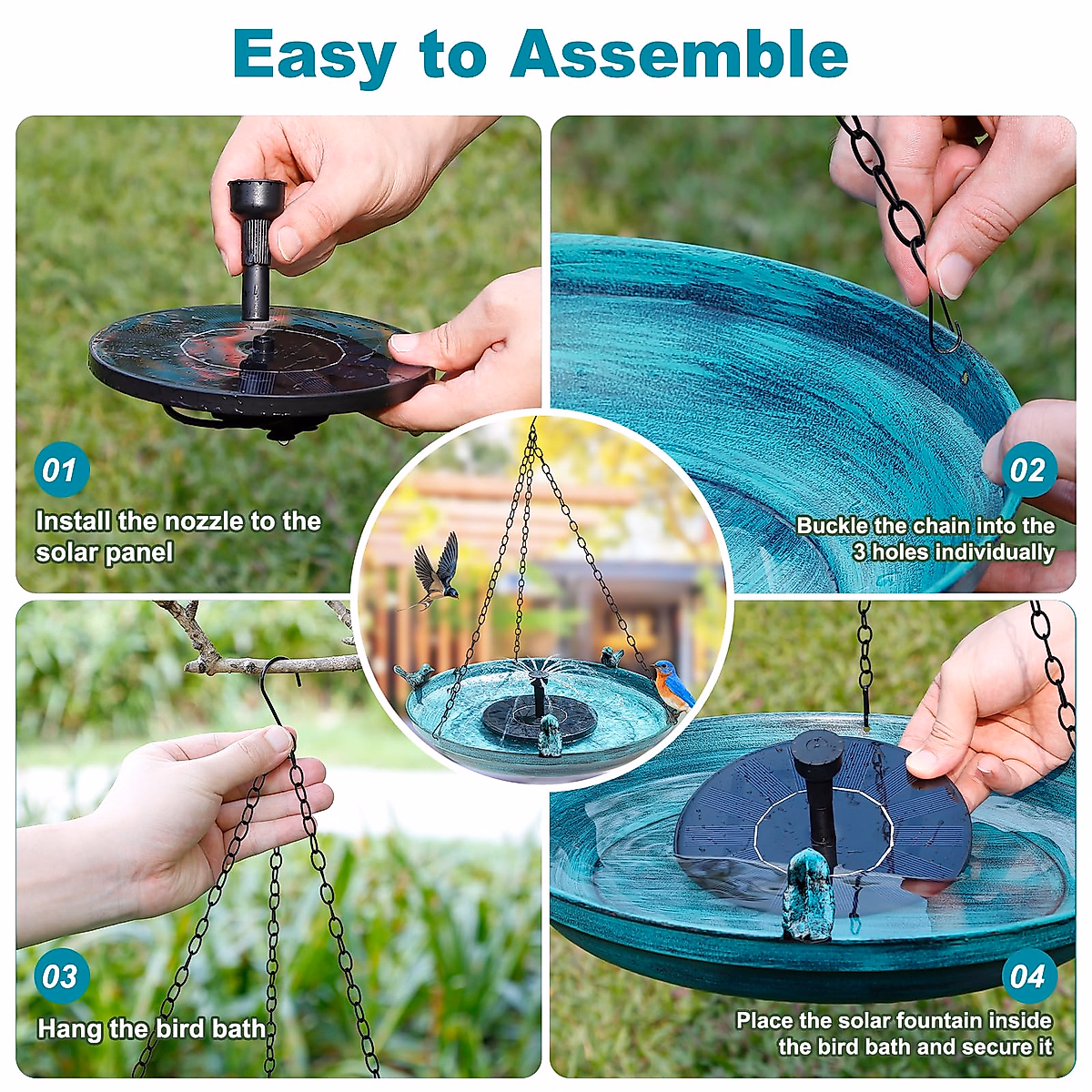 DazSpirit Hanging Solar Bird Bath Fountain, 14.9inch Diameter Green Metal Bird Bath Bowl with Solar Powered Pump & 4 Water Spray Nozzles for Outdoor Garden Backyard Patio Lawn