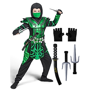 Spooktacular Creations Green Ninja Costume for Boys, Child Green Ninja Costume with Accessories for Kids Themed Parties, Halloween Dress Up Parties, M