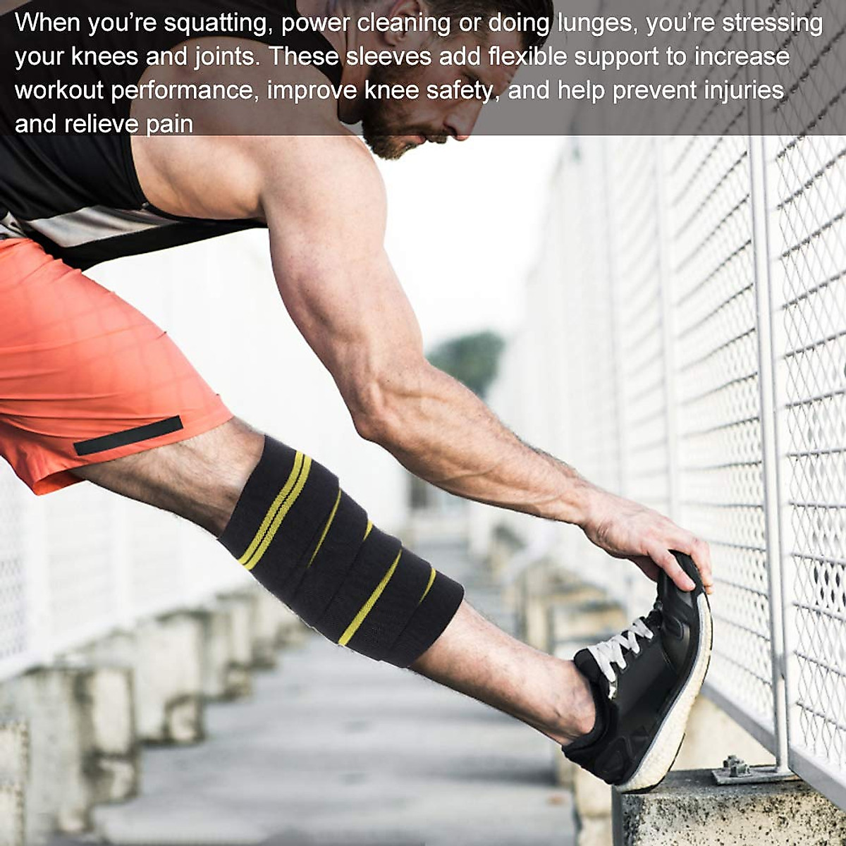 Knee Wraps Compression Elastic Breathable Knee Brace Compression Bandage Wraps Pain Relief Straps Support Wraps Sleeve Men Women Cross Training Gym Workout,Fitness & Powerlifting(Black Yellow)