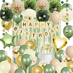 Lasocy Sage Green Happy Birthday Party Decorations Sage olive green Gold Retro Green Balloons Nude Happy Birthday Banner Neutral Rustic Botanical Greenery Décor Supplies for Women Girls Baby