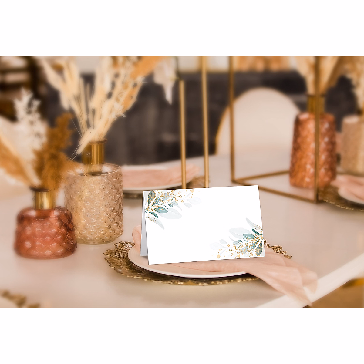 Gold Foil Greenery Table Place Card, 25 Pcs Tent Style Cards Set with Green Eucalyptus, Editable Name Cards for Table Seating, Food Lables for Birthday Party, Baby Shower, Wedding, Bridal Shower(15)