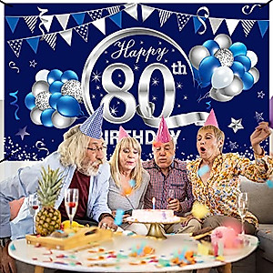 Kauayurk Blue Silver 80th Birthday Banner Decorations for Men - Happy 80 Birthday Backdrop Party Supplies - Eighty Birthday Poster Photo Props Background Sign Decor