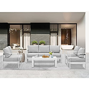 Wisteria Lane Aluminum Outdoor Patio Furniture Set, Modern Patio Conversation Sets, Outdoor Sectional Metal Sofa with 5 Inch Cushion and Coffee Table for Balcony, Garden, Light Grey