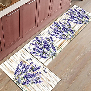 2 Pcs Kitchen Mats Runner Rug Set Anti Fatigue Standing Mat Rubber Backing Purple Lavender Dragonfly Print Washable Floor Mat Area Rug for Home/Office 19.7"x31.5"+19.7"x63"