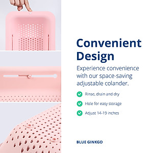 BLUE GINKGO Over the Sink Colander Strainer Basket - Wash Vegetables and Fruits, Drain Cooked Pasta and Dry Dishes - Extendable - New Home Kitchen Essentials (7.9 W x 14.5-19.5 L x 2.75 H) (Pink)