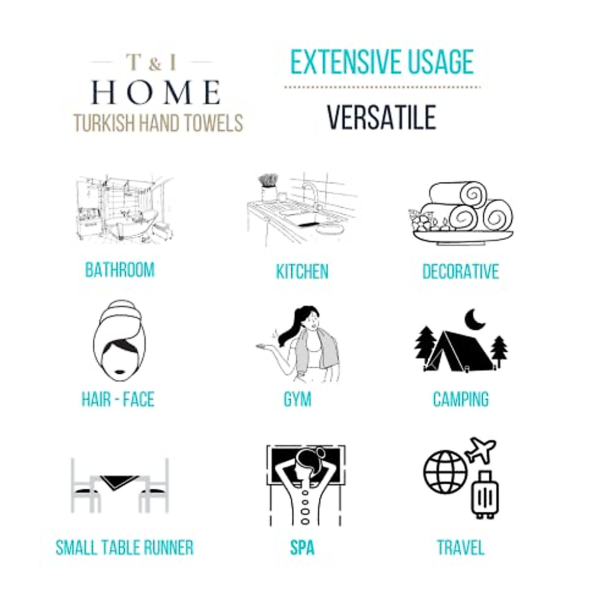 T&I Home Aztec Decorative Turkish Hand Towels for Bathroom - Set of 2 (16x40) Black, Soft 100% Cotton - Quick Dry, Prewashed, No Shrink - Farmhouse Boho Kitchen Towel Set, Hair, Face, Tea, Dish