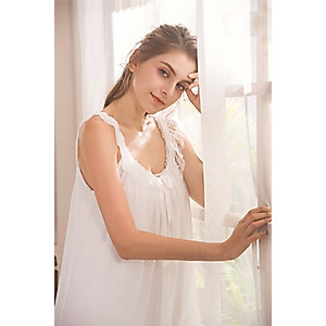 Flwydran Women's Lace Vintage Victorian Nightgown Ladies Sleeveless Sleep Dress White