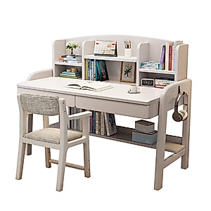 Solid Wood Desk Kids Desks with Drawers and Bookshelf, Height-Adjustable Desk Suit for All Ages, Learning Computer Workstation Writing Desk with Hooks, Study Home Office Desk ( Color : White with chai