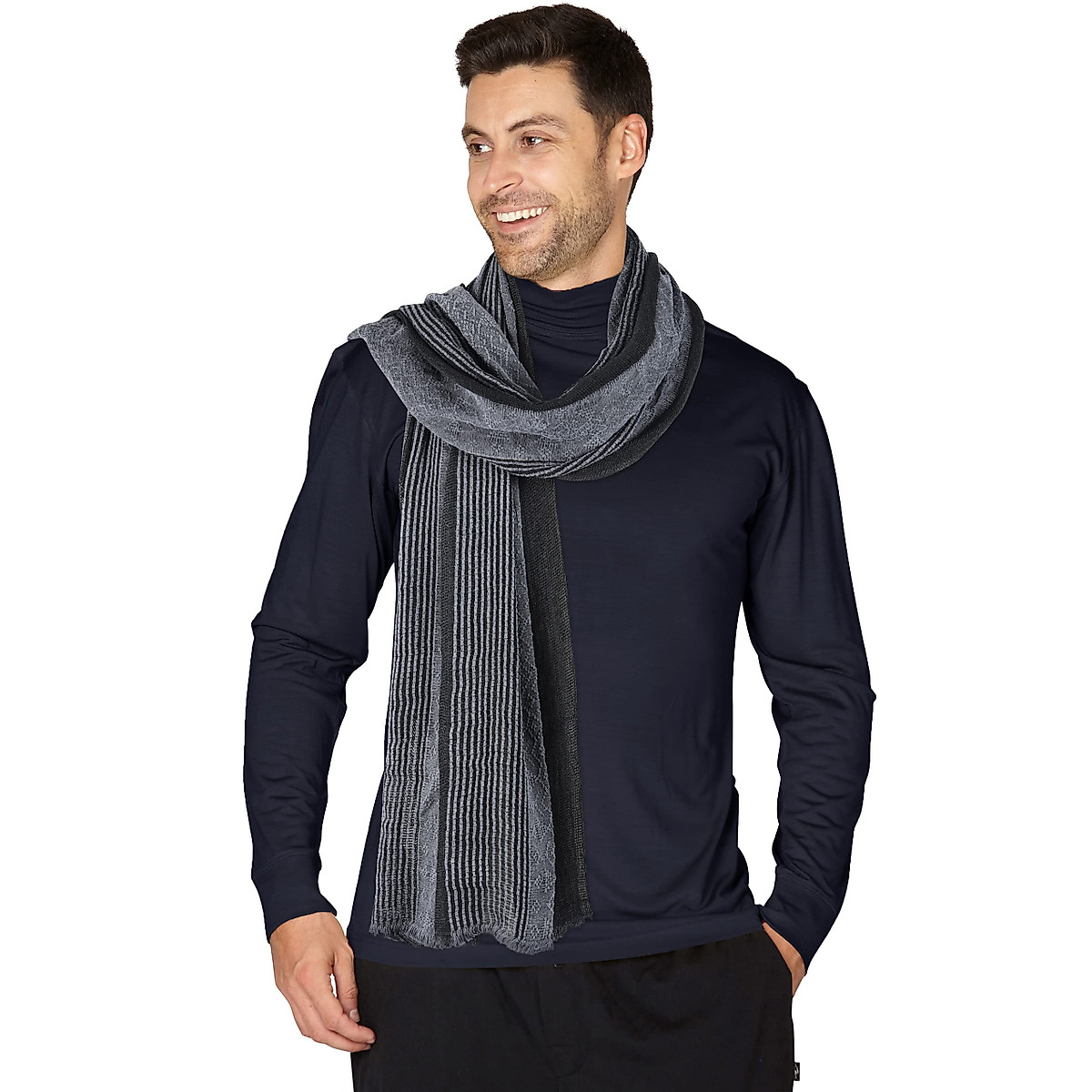 GERINLY Cotton-Linen Scarves Mens Stripe Crinkle Long Scarf Fashion Turban Shawl for Travel Male Wrap (Black)