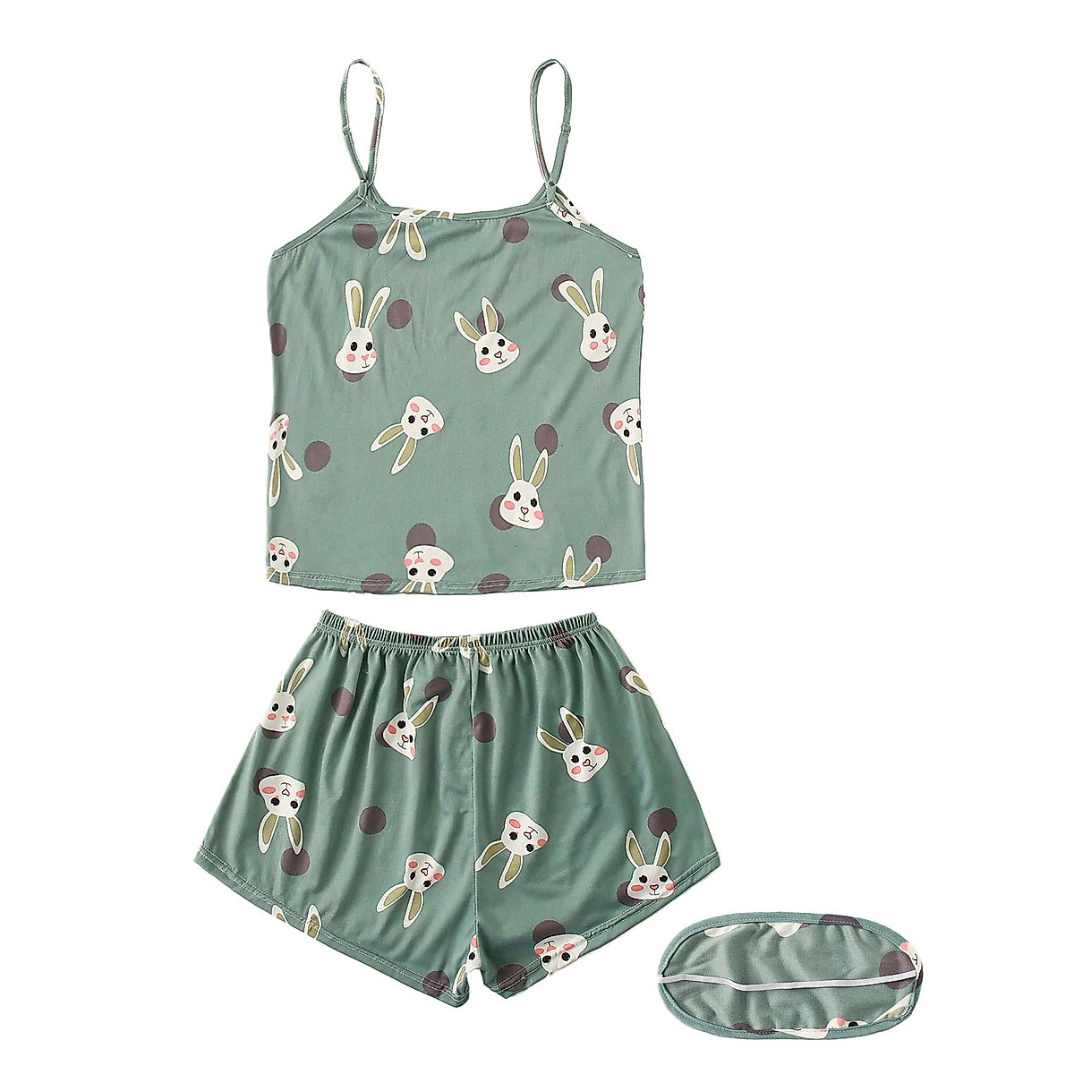 SheIn Women's Cute Cartoon Print Cami Top and Shorts Pajama Set with Eye Mask Green Rabbit Medium