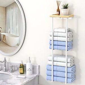 Anfeichen Towel Rack Wall Mounted, 2 Tier Bath Towel Storage Holder with Wooden Shelf, Metal Towel Rack for Small Bathroom Organizer, White