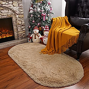Goideal Oval Shaggy Bedroom Rug 2.6 x 5.2 Feet Fluffy Area Rugs for Girls Boys Kids Room Nursery Floor Carpet Home Decoration, Light-tan
